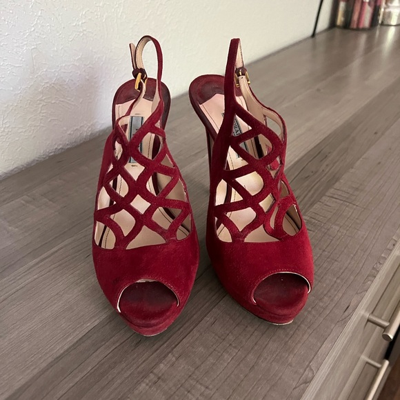 Prada | Shoes | Prada Burgundy Red Suede Caged Sling Back Platform Peep ...